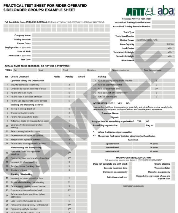 Counterbalance FLT & Reach Truck (Pre-printed test paper) - AITT